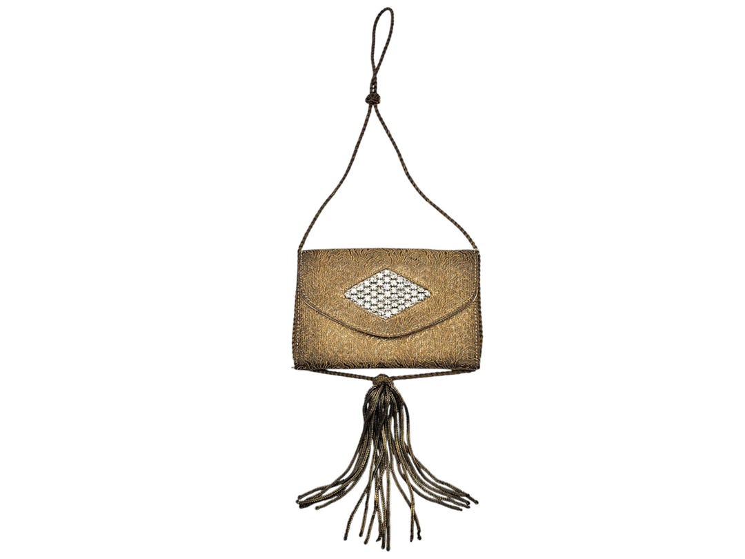 1920s Gold Lamé Evening Wallet – Art Deco Rhinestone Purse With Tassel ...