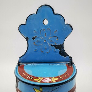 Antique French Enameled Salt Box, Blue Salt Box With Hand Painted Roses ...