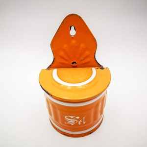 Antique French Enamel SALT BOX, Orange Enamel Salt Box, White Stripes ...