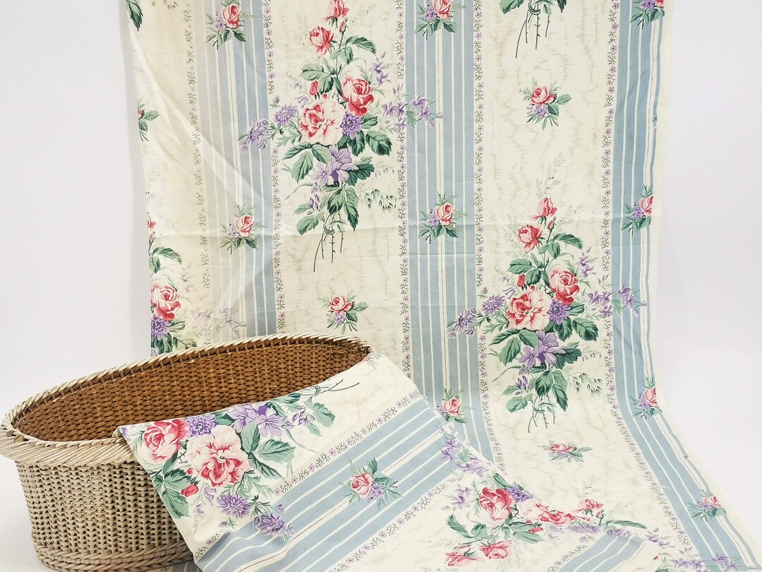 Antique French Fabric, Pink Roses, Violets, Purple Flowers & Blue ...
