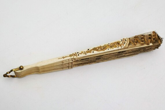 Antique Silk Hand Fan, Carved Sticks, Sequins, with O… - Gem