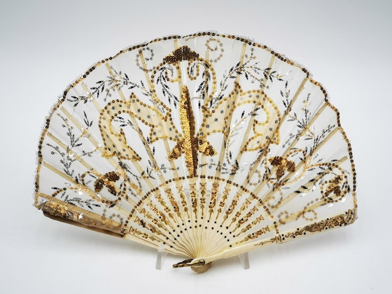 Antique Silk Hand Fan, Carved Sticks, Sequins, with O… - Gem