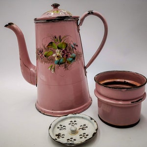 Enamel French Pink COFFEE Pot Hand Painted Violets, Antique Pink ...