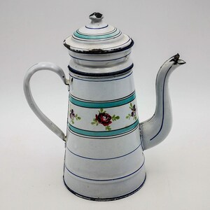 Enamel French COFFEE BIGGIN, White Base & Hand Painted Roses and ...