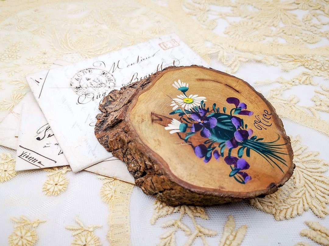 Antique French Olive Wood Paperweight, Hand Painted Floral Souvenir - Etsy