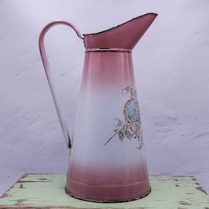 Antique French Pink ENAMELED BODY PITCHER Roses Transfer Decor, Antique ...