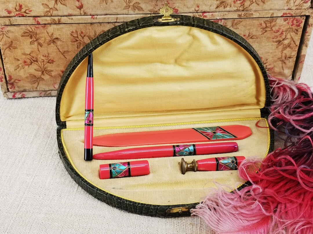Antique French Writing Set, Art Deco Desk Set in Coral Bakelite With ...