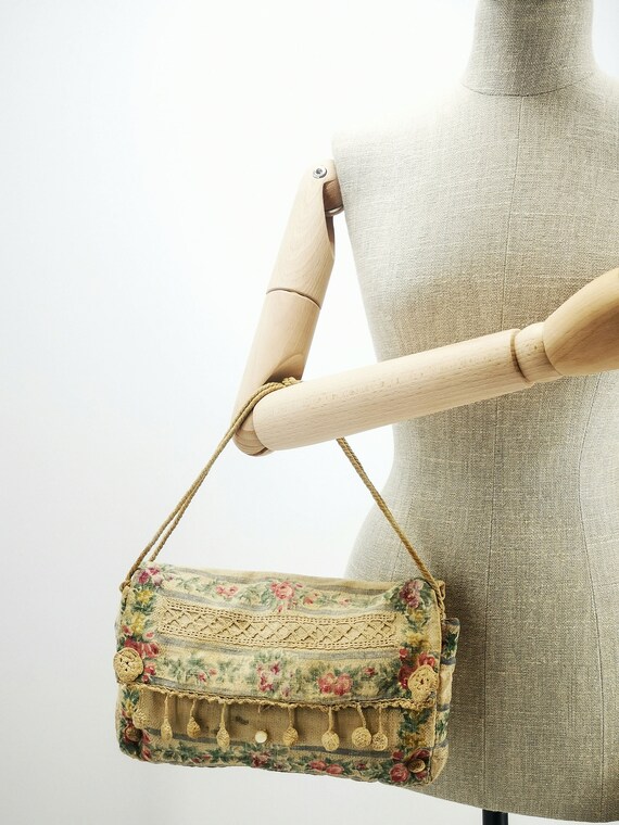 Antique French hand purse, fabric with placed print o… - Gem