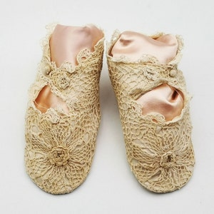 Antique French Irish Crochet Lace Cot Shoes, Beige Silk and Crochet ...