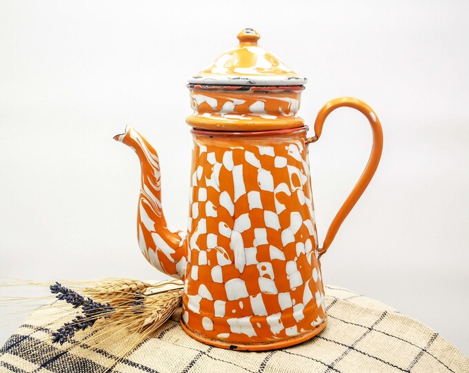 Antique Enamel French Coffee Pot, Rare Orange Droopy Checks Pattern ...