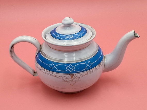 Antique Enamel Tea Pot Blue Stripes & Gilded Decoration | Etsy
