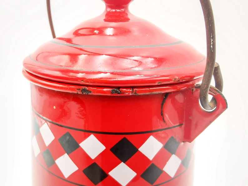Antique French Enamel Milk Pail Bright Red Black & White - Etsy