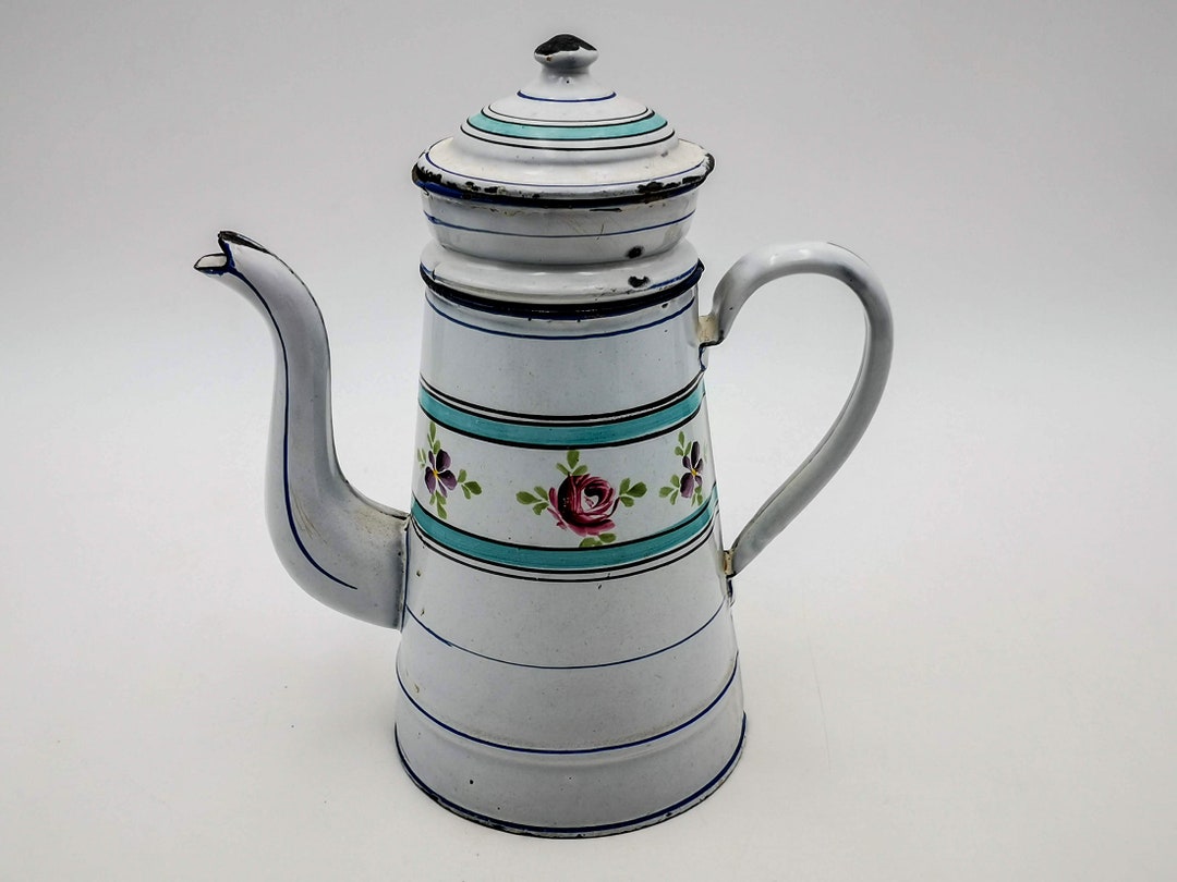 Enamel French COFFEE BIGGIN, White Base & Hand Painted Roses and ...