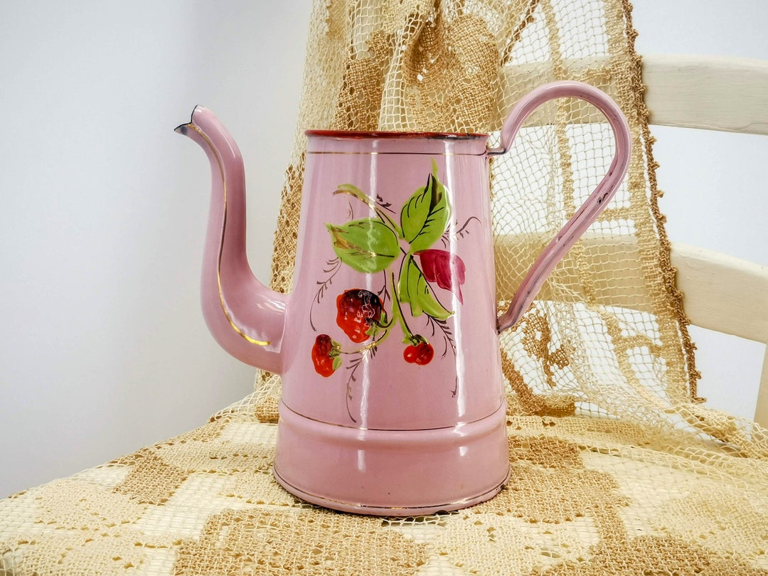 Antique Enamel French Coffee Pot, Pink Coffee Pot, No Lid, Hand Painted ...