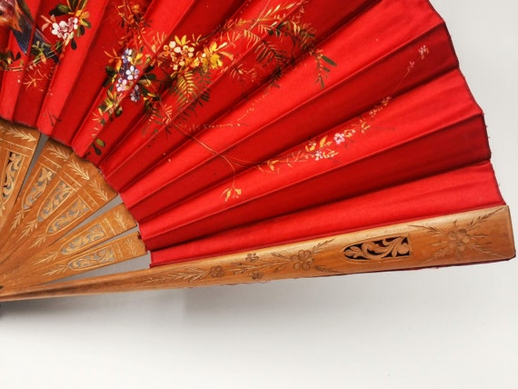 Antique French hand fan, carved wood sticks, folding … - Gem