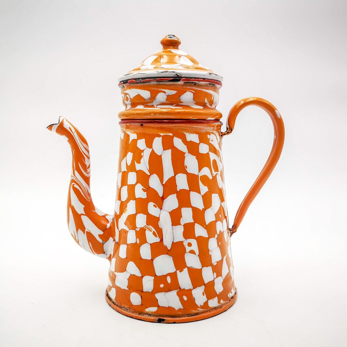 Antique Enamel French Coffee Pot Rare Orange Droopy Checks - Etsy