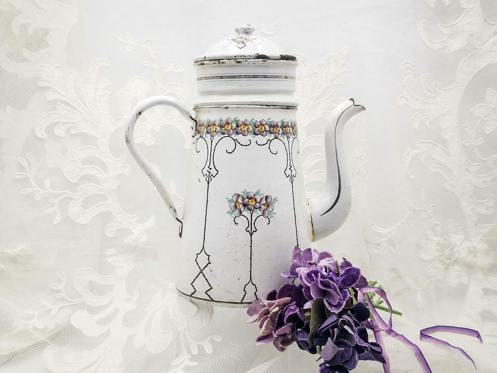 Antique Enamel German Coffee Pot White Art Nouveau Style - Etsy