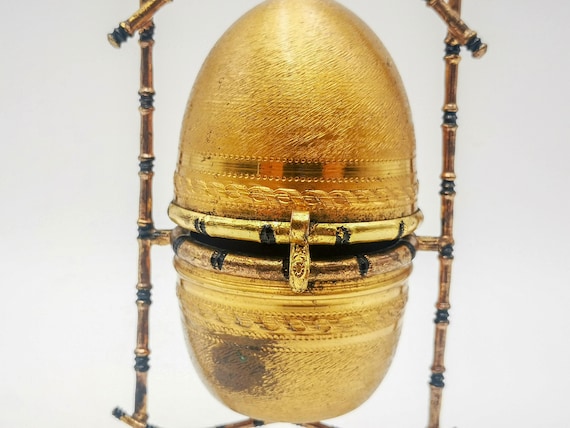 Antique French Gilded Metal Egg Trinket Box, Faux Bam… - Gem
