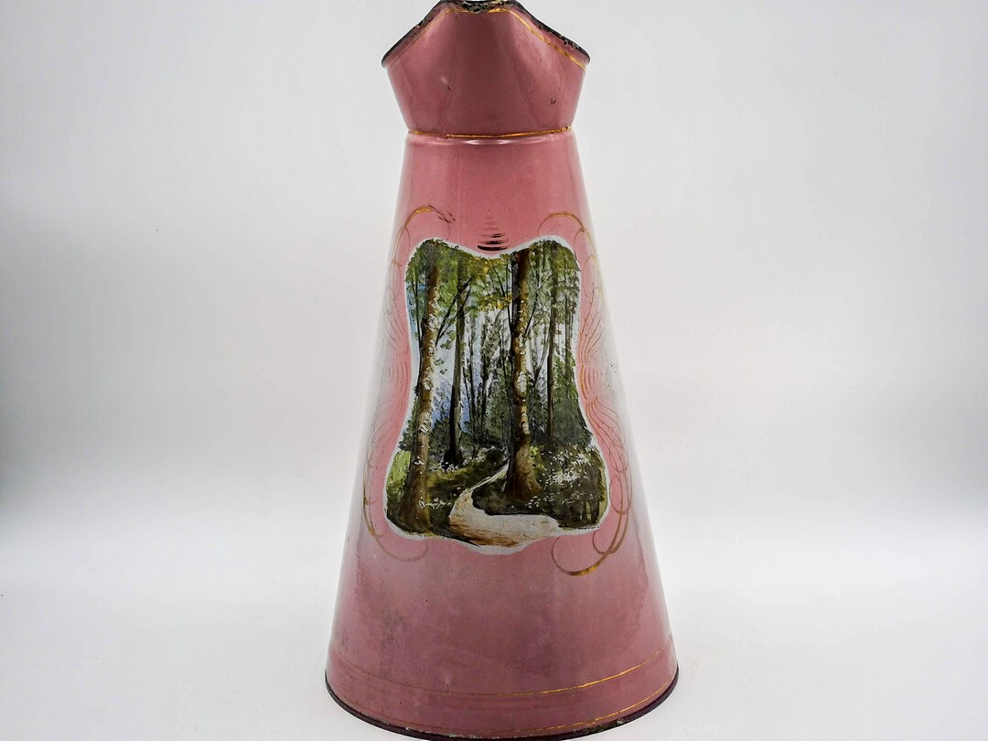 Antique French Pink Enamel Pitcher, Hand-painted Landscape, Early 1900s ...