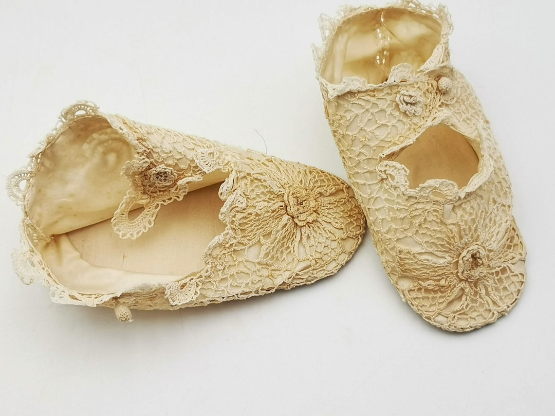 Antique French Irish Crochet Lace Cot Shoes Beige Silk and - Etsy