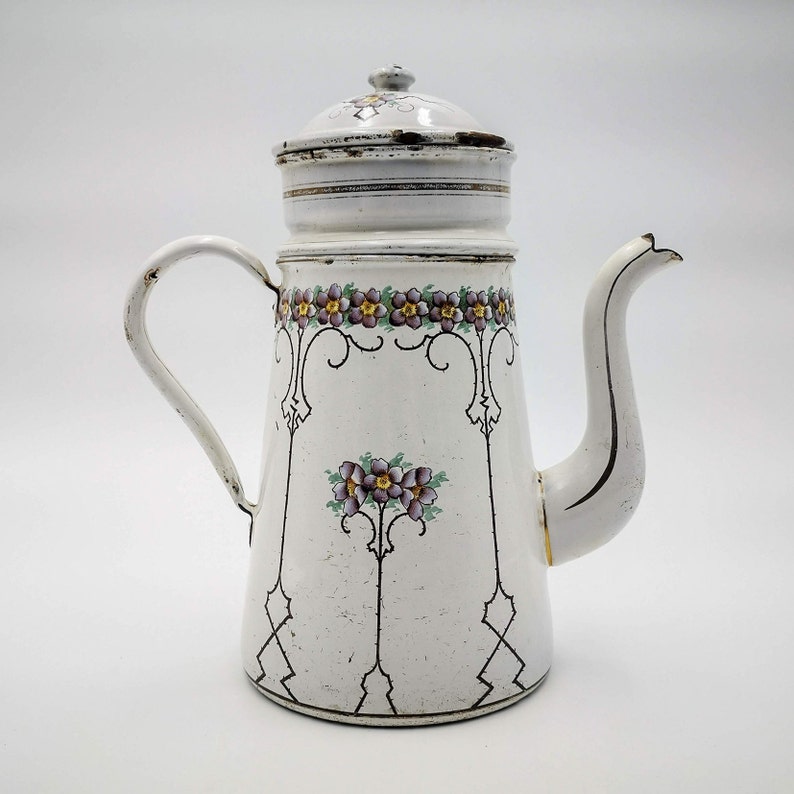 Antique Enamel German Coffee Pot White Art Nouveau Style - Etsy