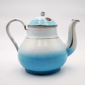 Antique Enamel Tea Pot, Shaded in Light Blue With Raised Stripes ...