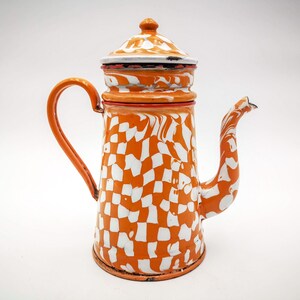 Antique Enamel French Coffee Pot, Rare Orange Droopy Checks Pattern ...