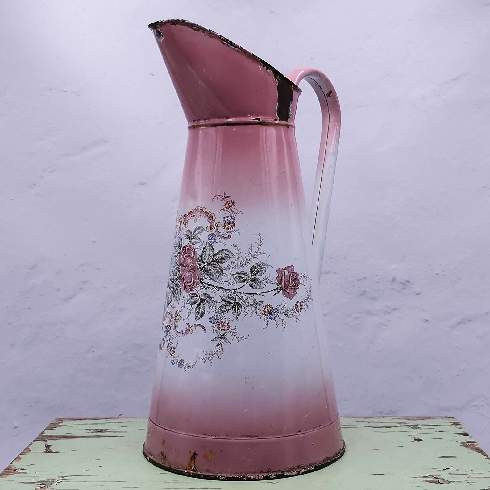 Antique French Pink ENAMELED BODY PITCHER Roses Transfer | Etsy