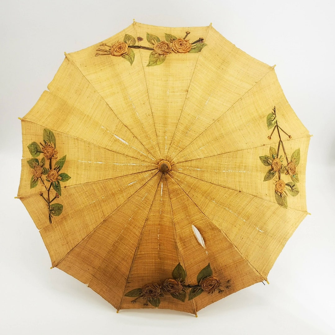Antique Italian Parasol Umbrella, Made in Woven Straw With Hand Painted ...