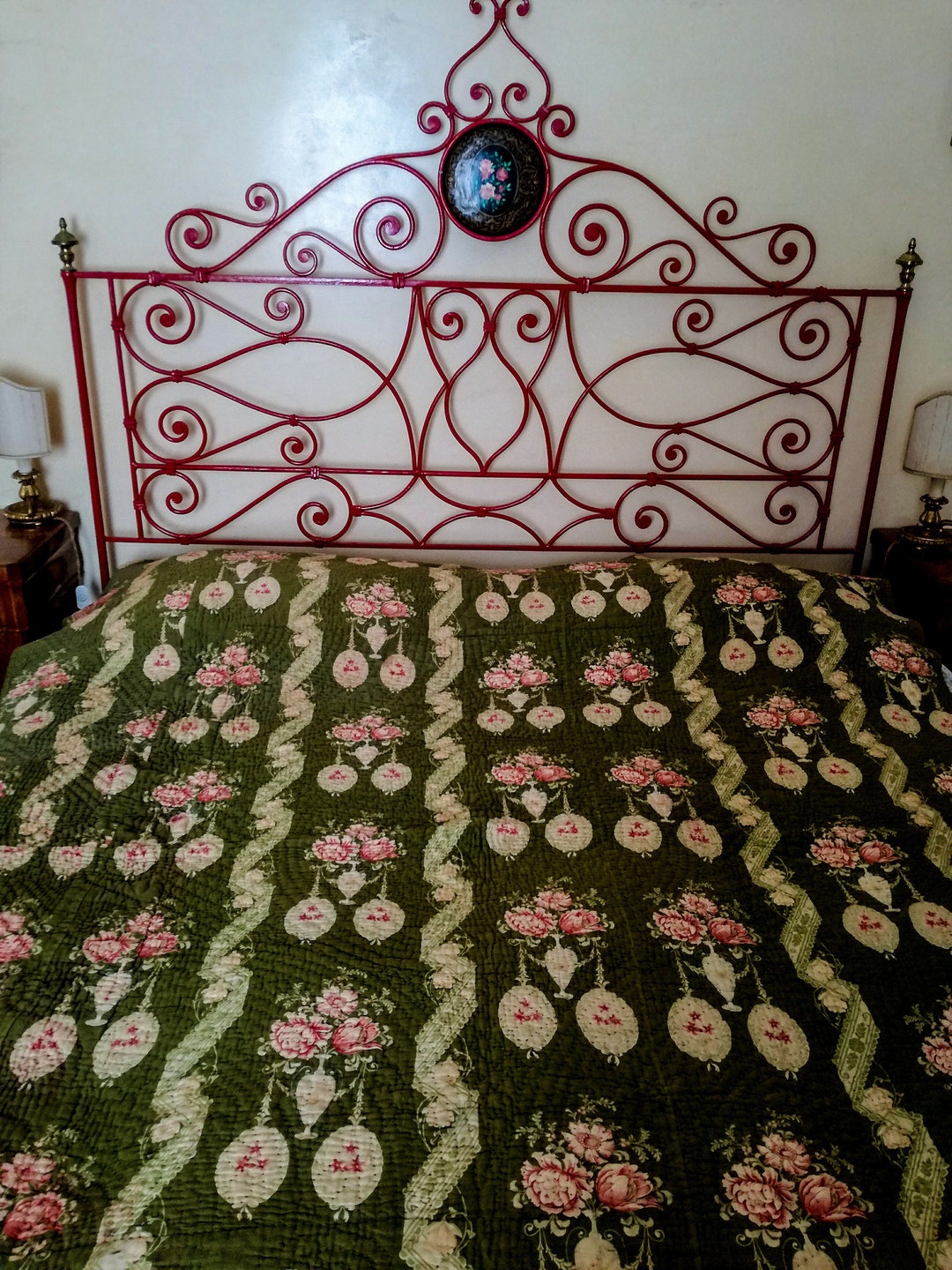 Antique DURHAM (or Welsh?) QUILT ROSES Urnes & Medallions Green ...