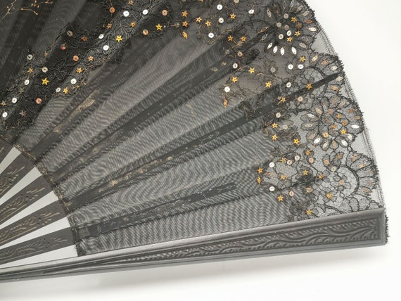 Antique French hand fan with original box, black orga… - Gem