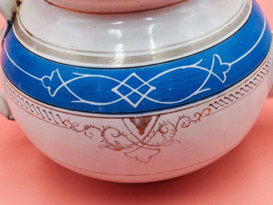 Antique Enamel Tea Pot Blue Stripes & Gilded Decoration - Etsy