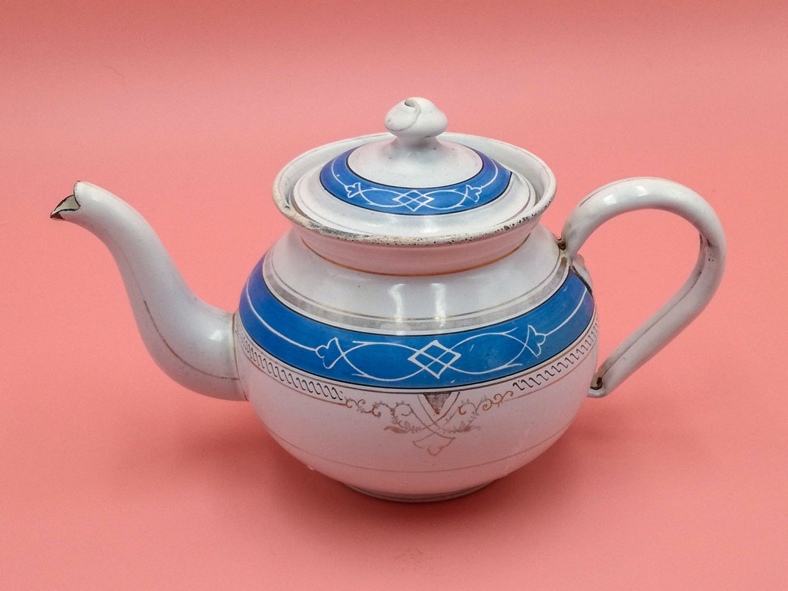Antique Enamel Tea Pot Blue Stripes & Gilded Decoration - Etsy