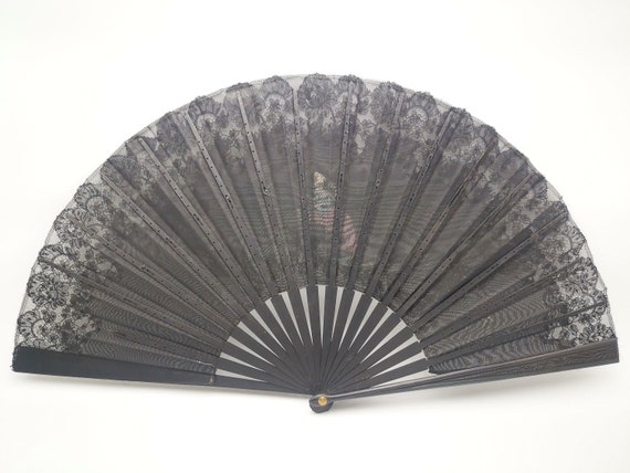 Antique French hand fan with original box, black orga… - Gem