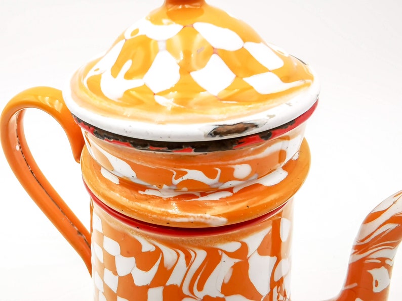 Antique Enamel French Coffee Pot Rare Orange Droopy Checks - Etsy