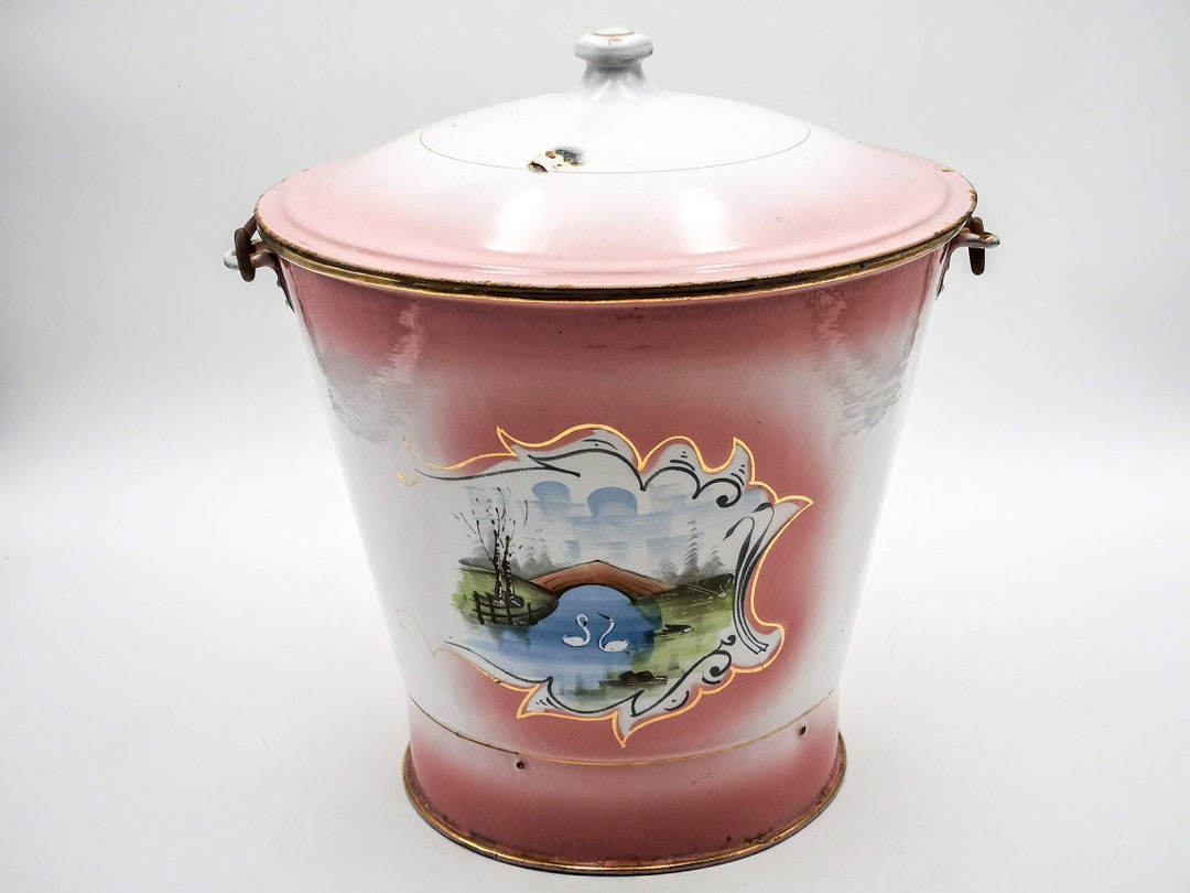 Antique French Enamel Waste Water Bin, Pink Shaded Base & Hand Painted ...