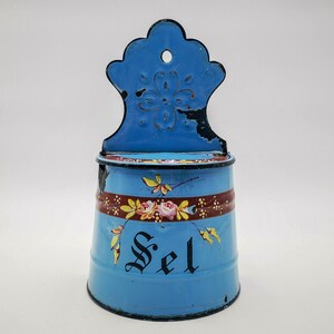 Antique French Enameled Salt Box, Blue Salt Box With Hand Painted Roses ...