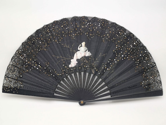 Antique French hand fan with original box, black orga… - Gem