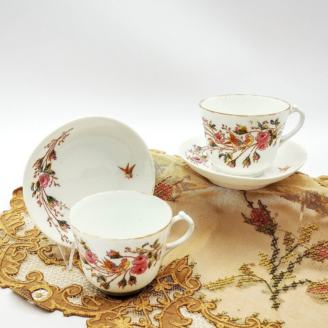 Antique French Porcelain Tea Cups and Saucers, Moss Roses, Birds Decor ...