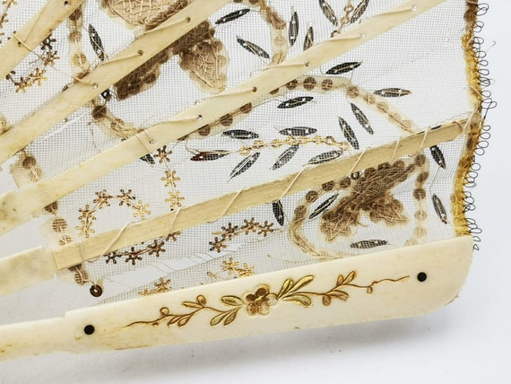 Antique Silk Hand Fan, Carved Sticks, Sequins, with O… - Gem