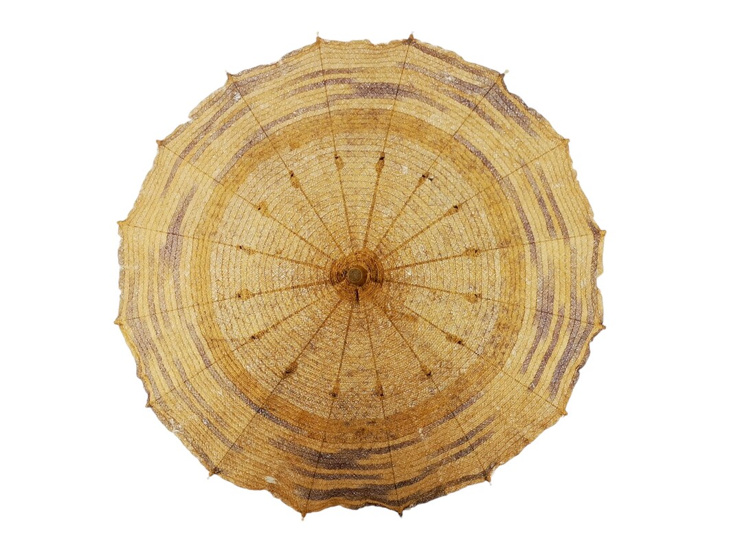 Antique Woven Raffia Parasol, Japanese Style Flat Design, Carved Wooden ...
