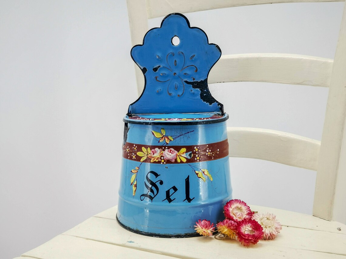 Antique French Enameled Salt Box Blue Salt Box With Hand - Etsy