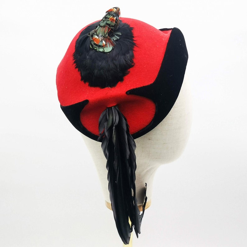 Vintage Italian Half Hat, Red Felt, Velvet, Millinery Feather Bird ...
