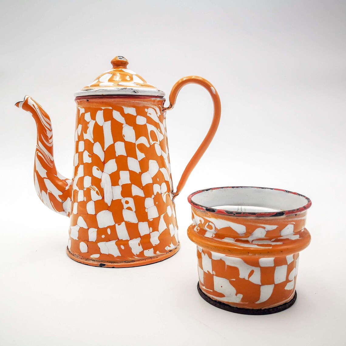 Antique Enamel French Coffee Pot Rare Orange Droopy Checks - Etsy