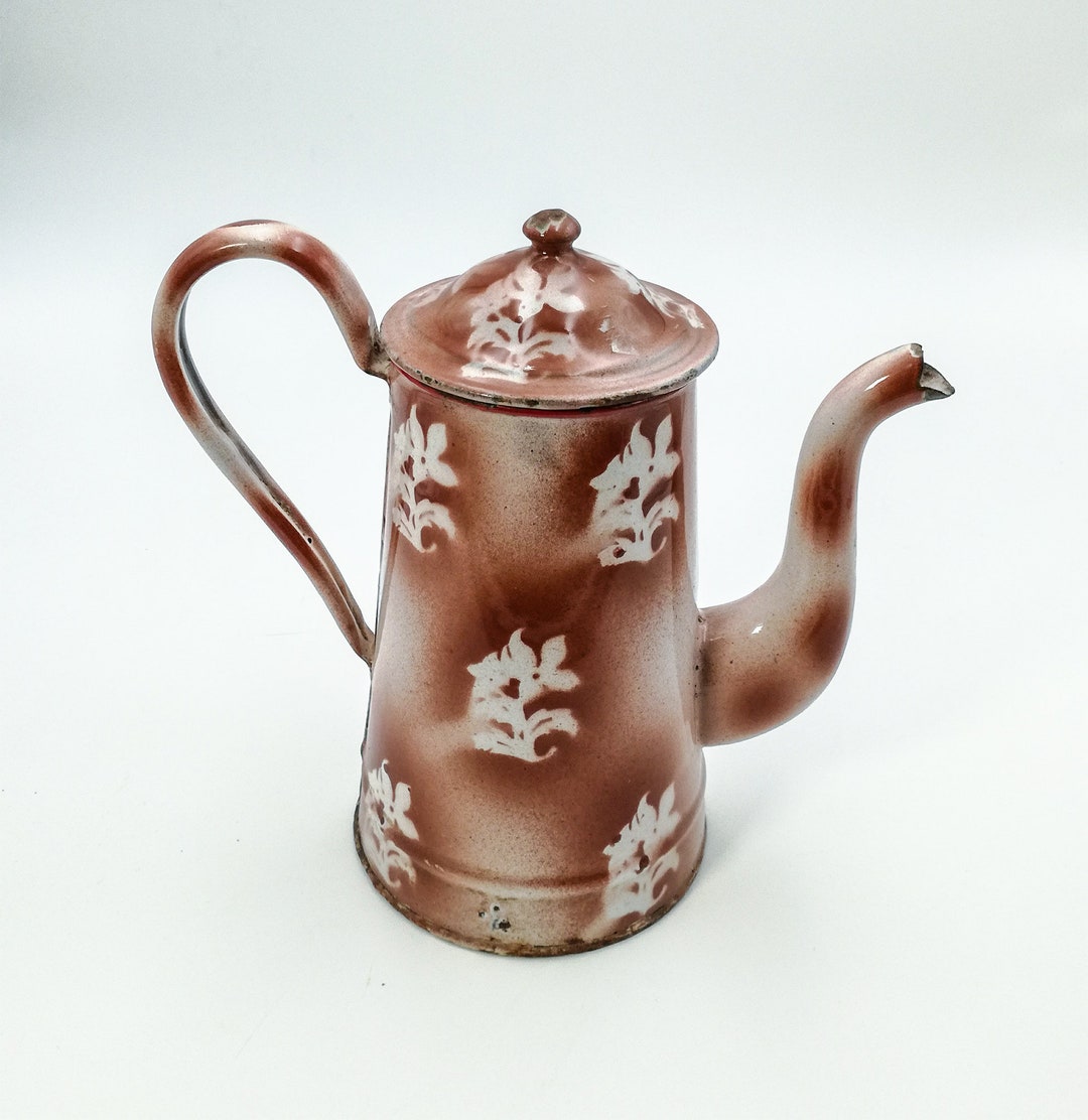 Enamel French COFFEE POT Stencil Flowers BROWN, Enamel Coffee Biggin ...