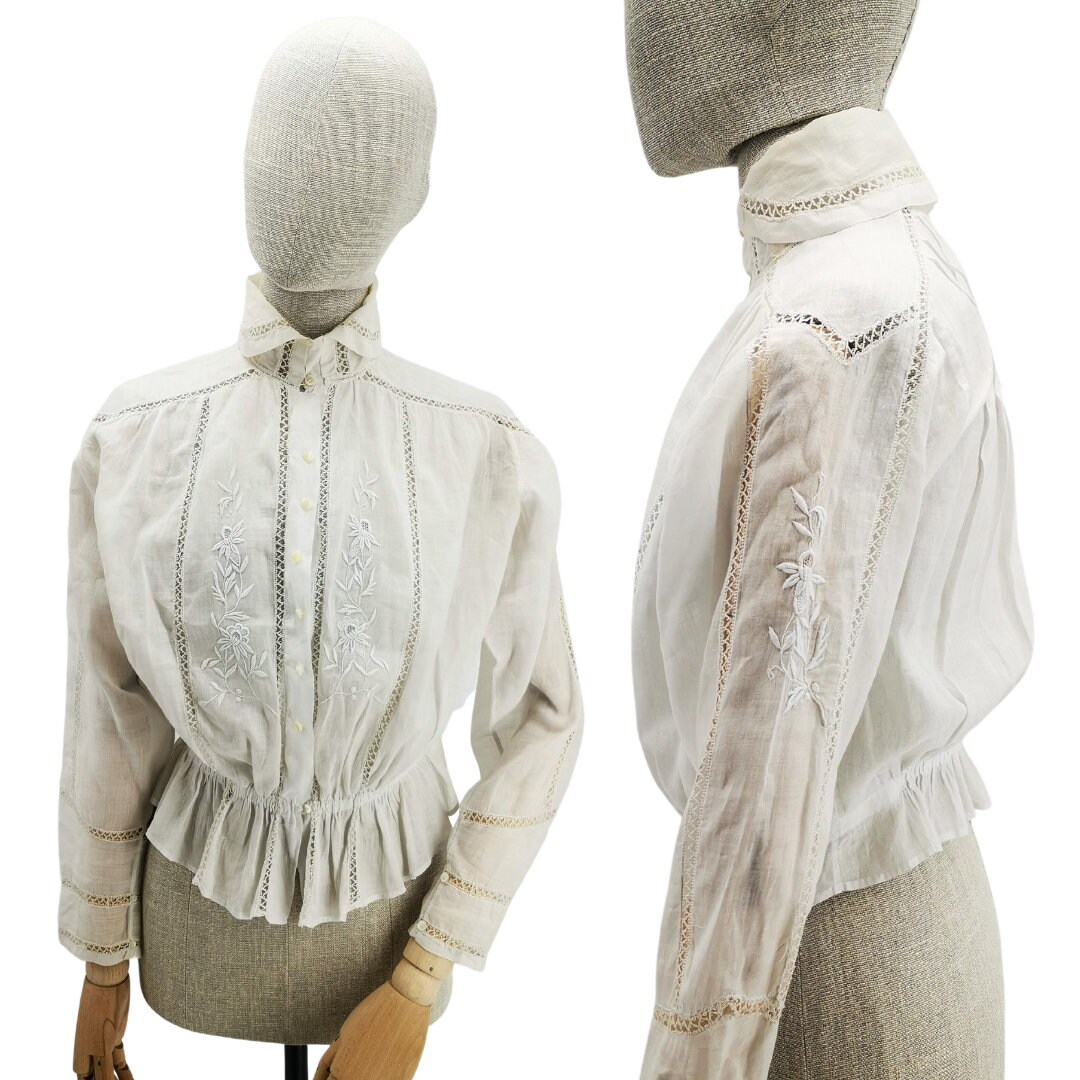 Antique French Blouse in Batiste, Edwardian Era Shirt With White ...