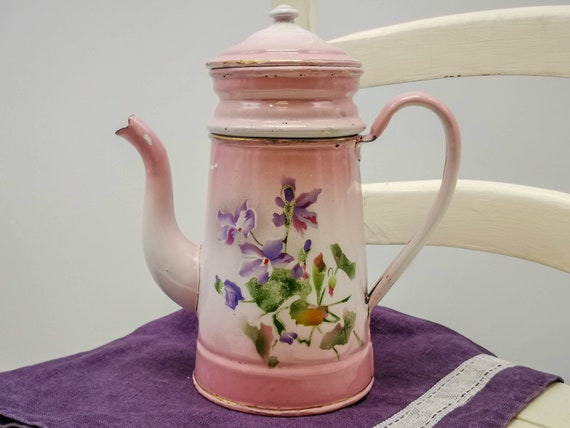 Enamel French Pink Shades COFFEE Pot With Violets Antique - Etsy