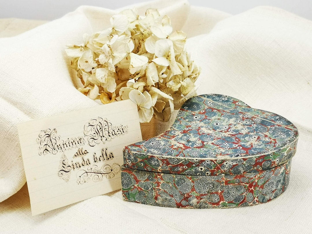Antique Italian Box, Heart Shape Box, Covered With Marbled Paper, Hand ...