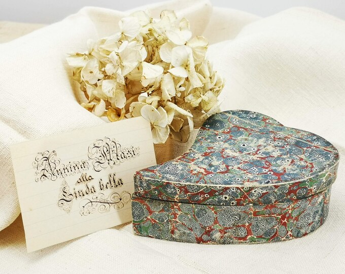 Antique Italian Box, Heart Shape Box, Covered With Marbled Paper, Hand ...