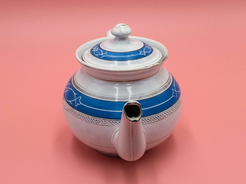 Antique Enamel Tea Pot Blue Stripes & Gilded Decoration | Etsy